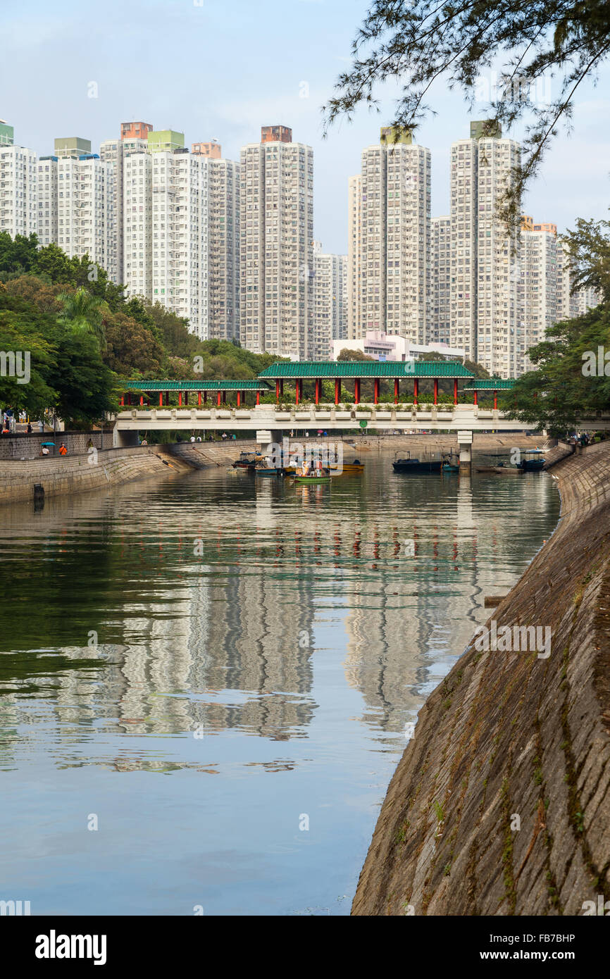 View of a river, bridge and residential buildings in Tai Po New Town ...