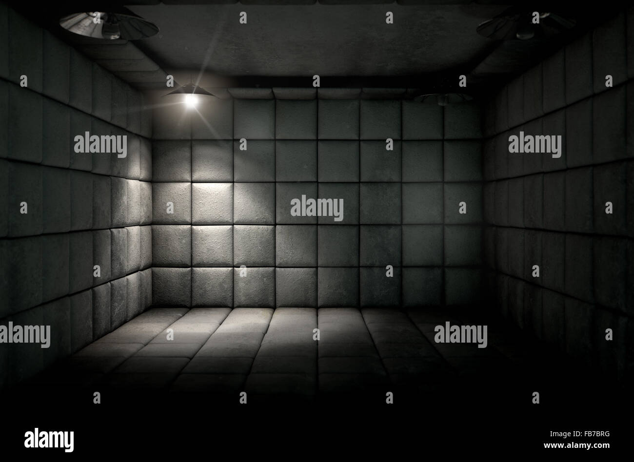 A dark dirty white padded cell in a mental hospital with a corner lit ...