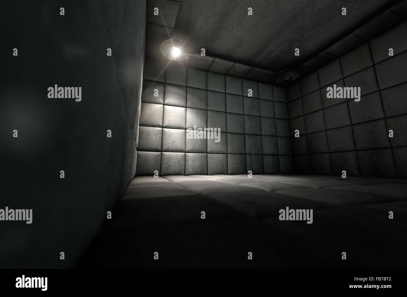 A dark dirty white padded cell in a mental hospital with a corner lit ...