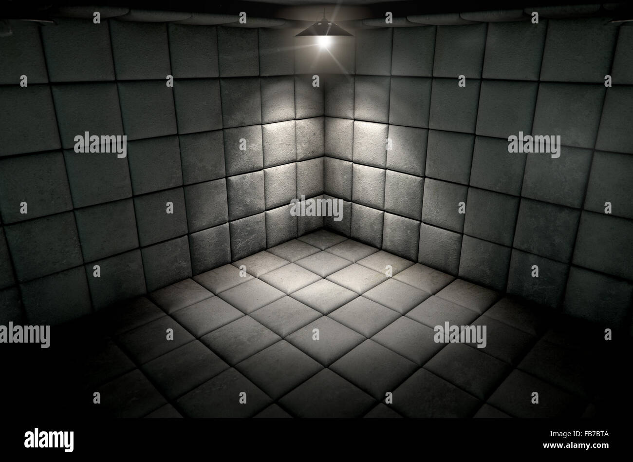 A dark dirty white padded cell in a mental hospital with a corner lit ...