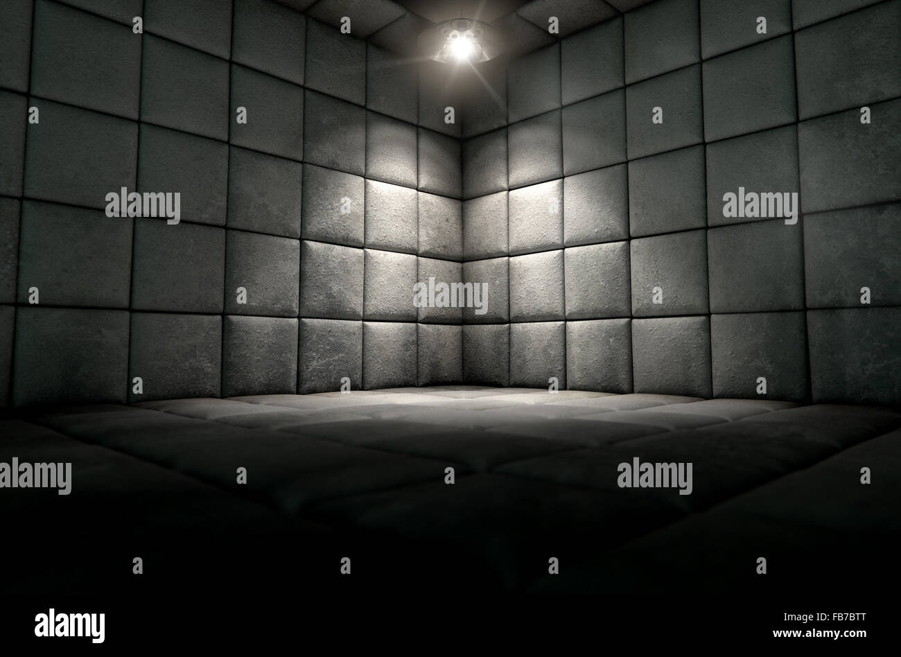 A dark dirty white padded cell in a mental hospital with a corner lit ...