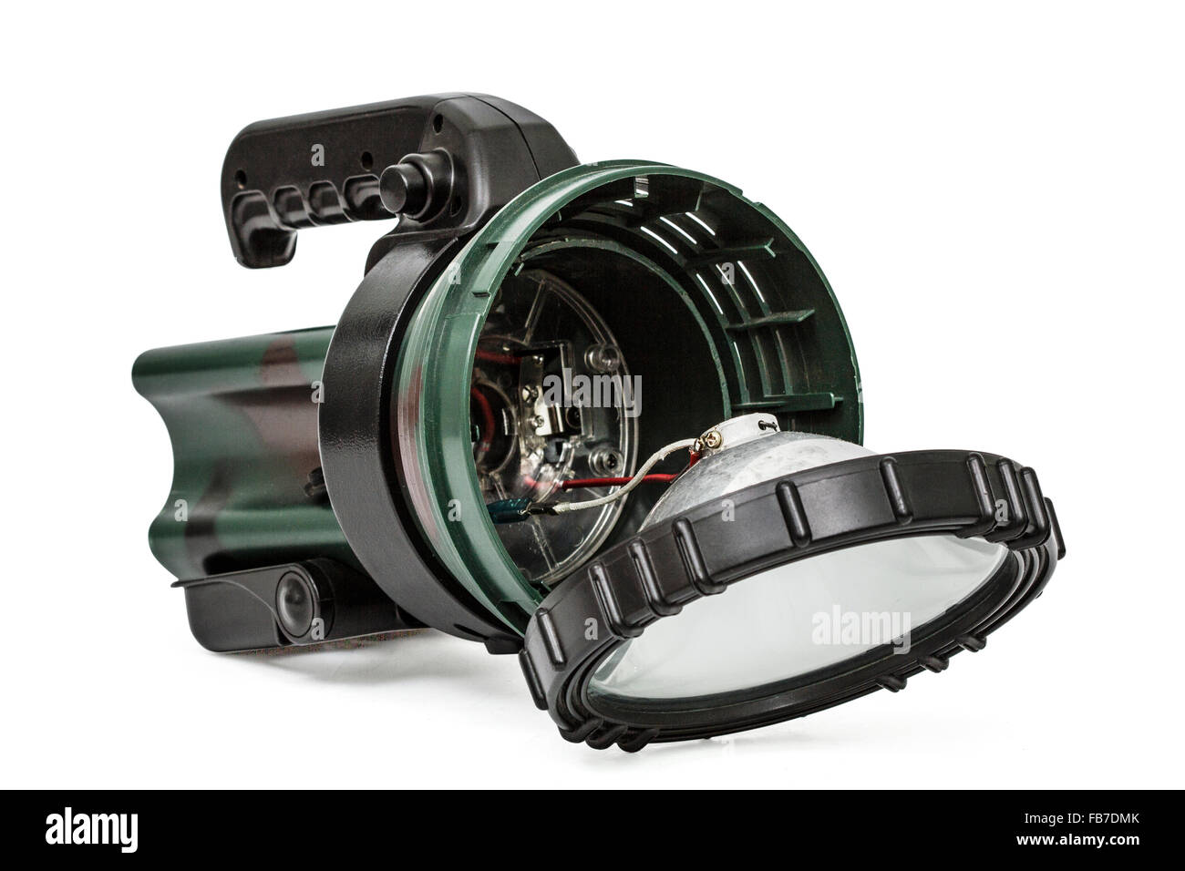 Disassembled electric torch, isolated on white background, with ...