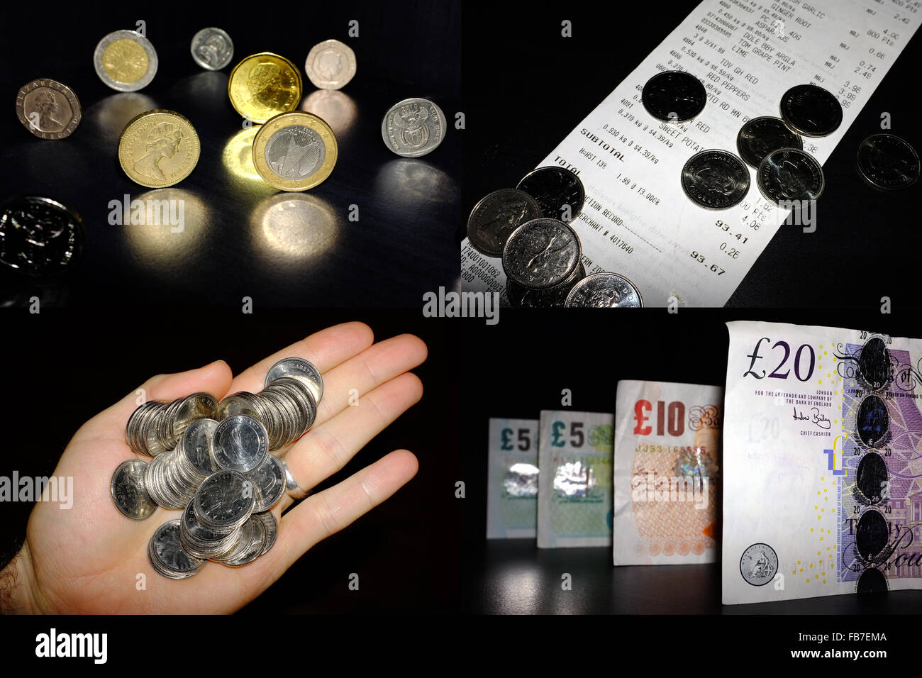 A grid of pictures showing Pound notes, coins a receipt and a hand ...