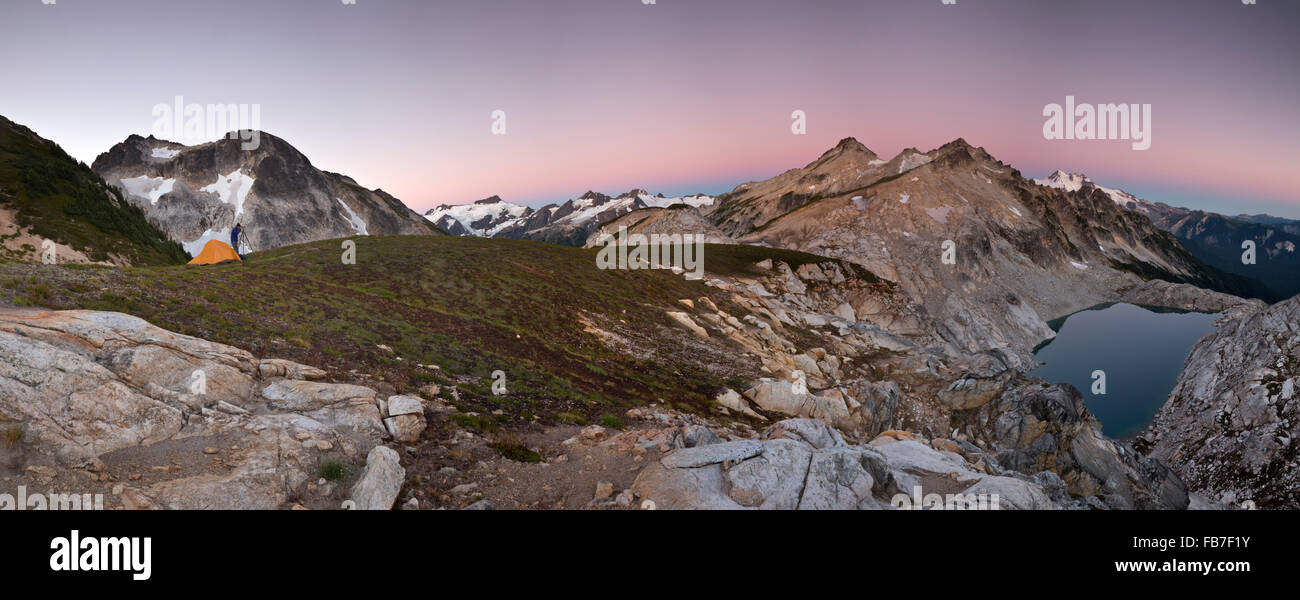 WASHINGTON - Dawn above at campsite above Triad Lake with view of Clark ...