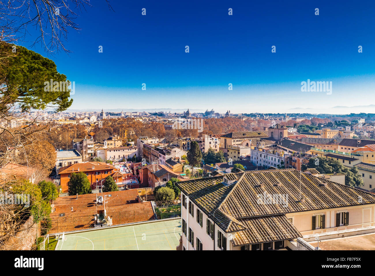 View overlooking the rooftops of Rome, ancient monuments, historic ...