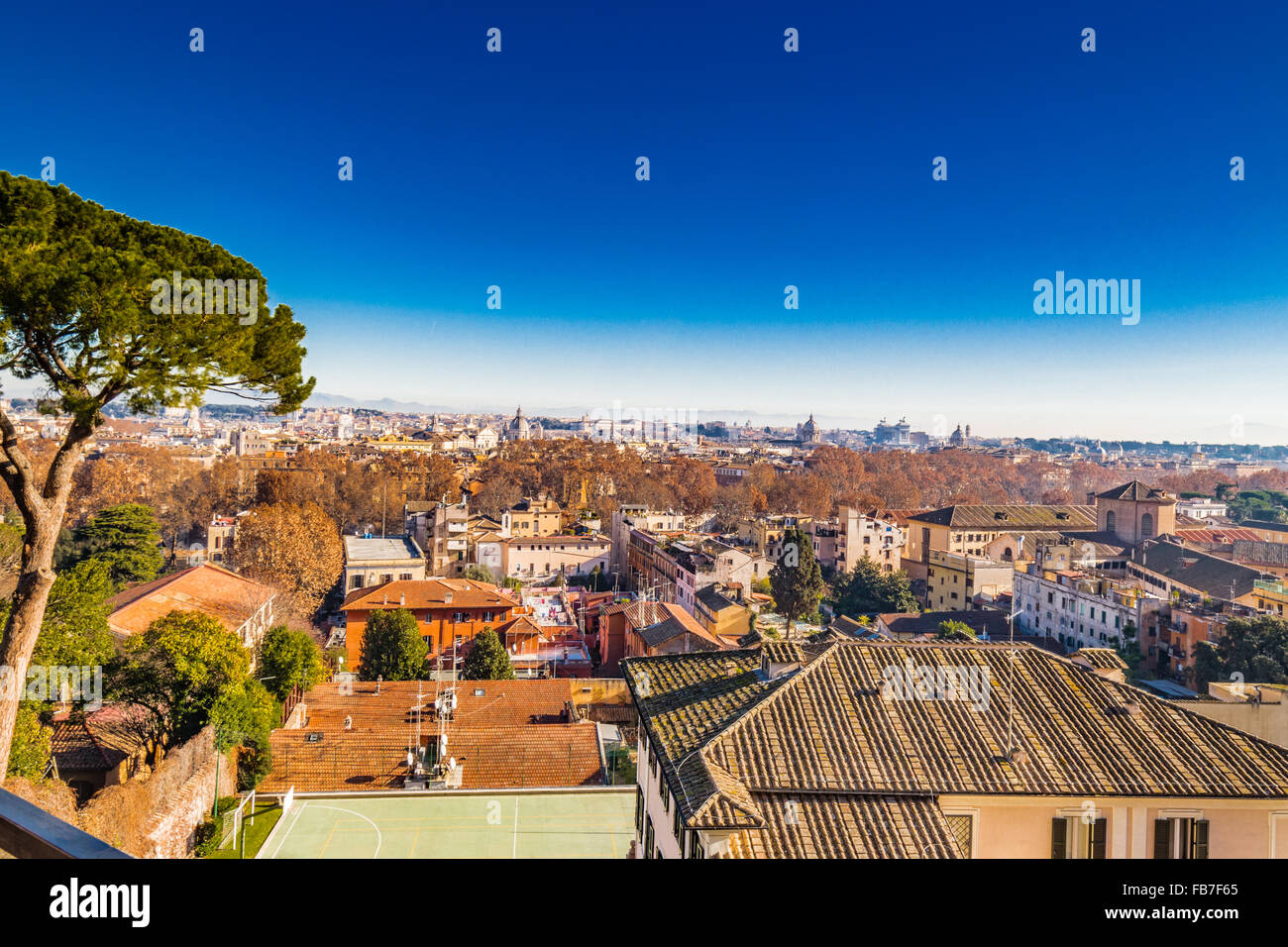 View overlooking the rooftops of Rome, ancient monuments, historic ...