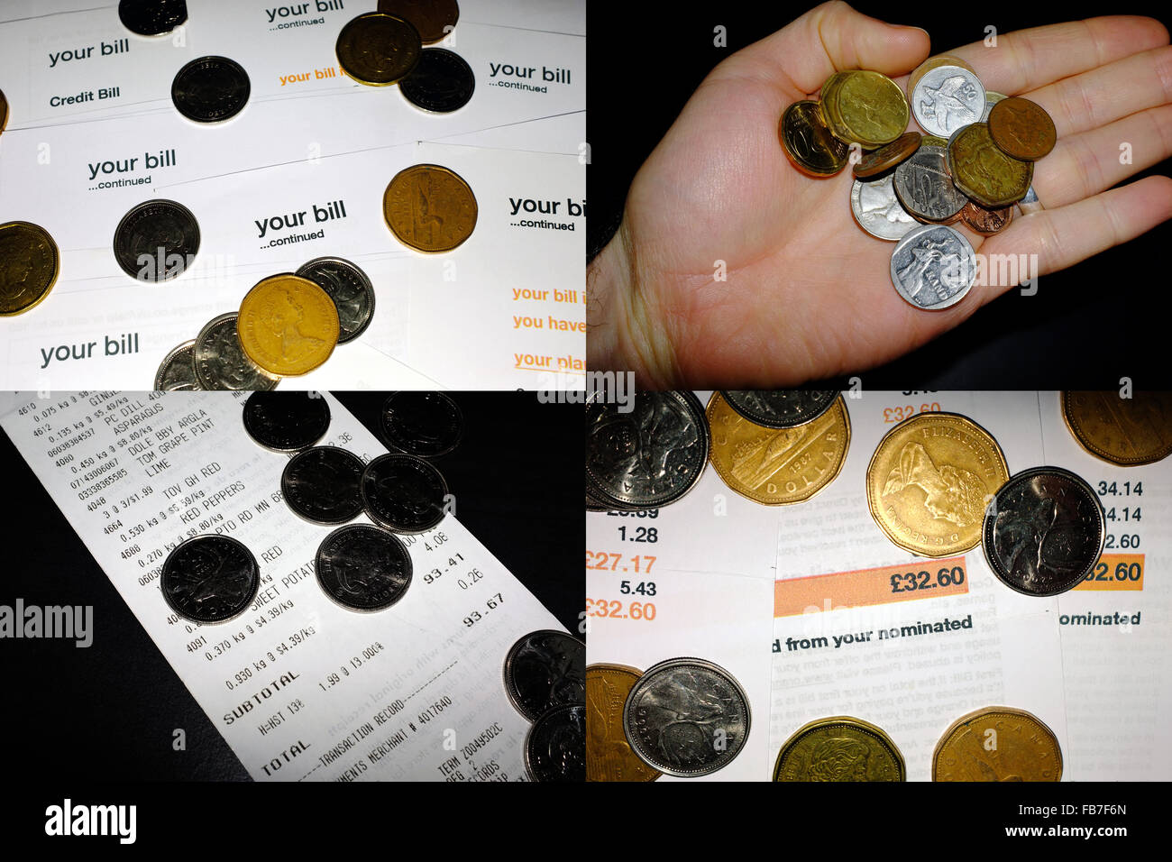 A grid of coins and receipts images Stock Photo - Alamy