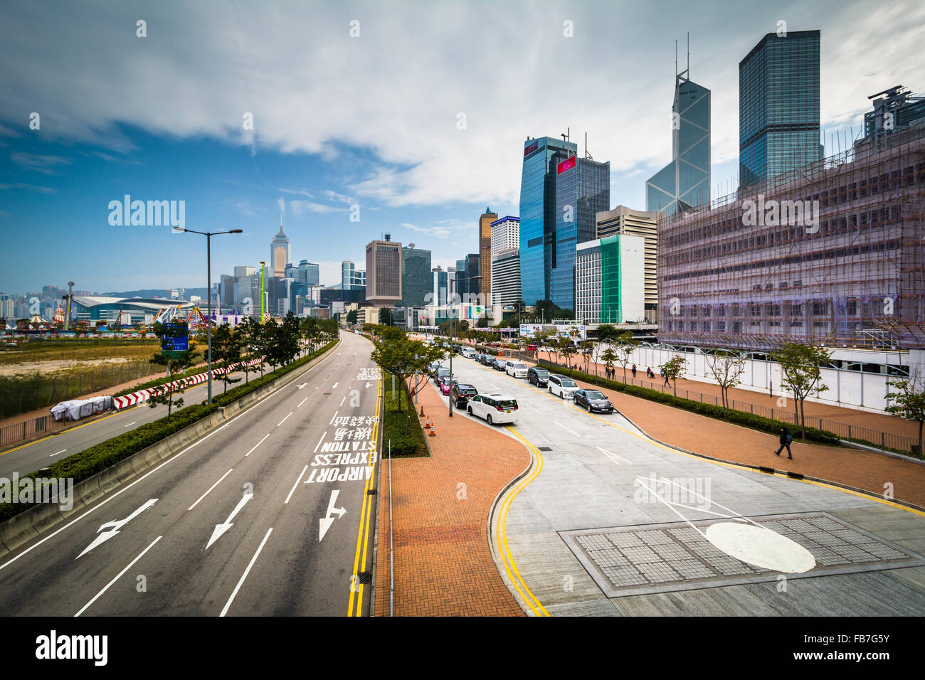 View of Lung Wo Road and modern skyscrapers at Central, in Hong Kong ...