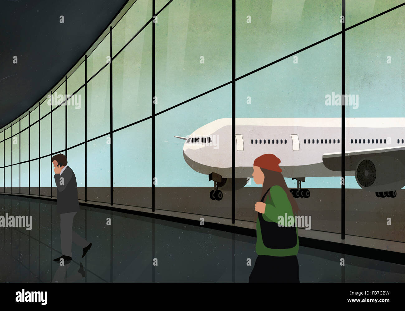 Passengers at airport terminal with airplane seen through window Stock ...