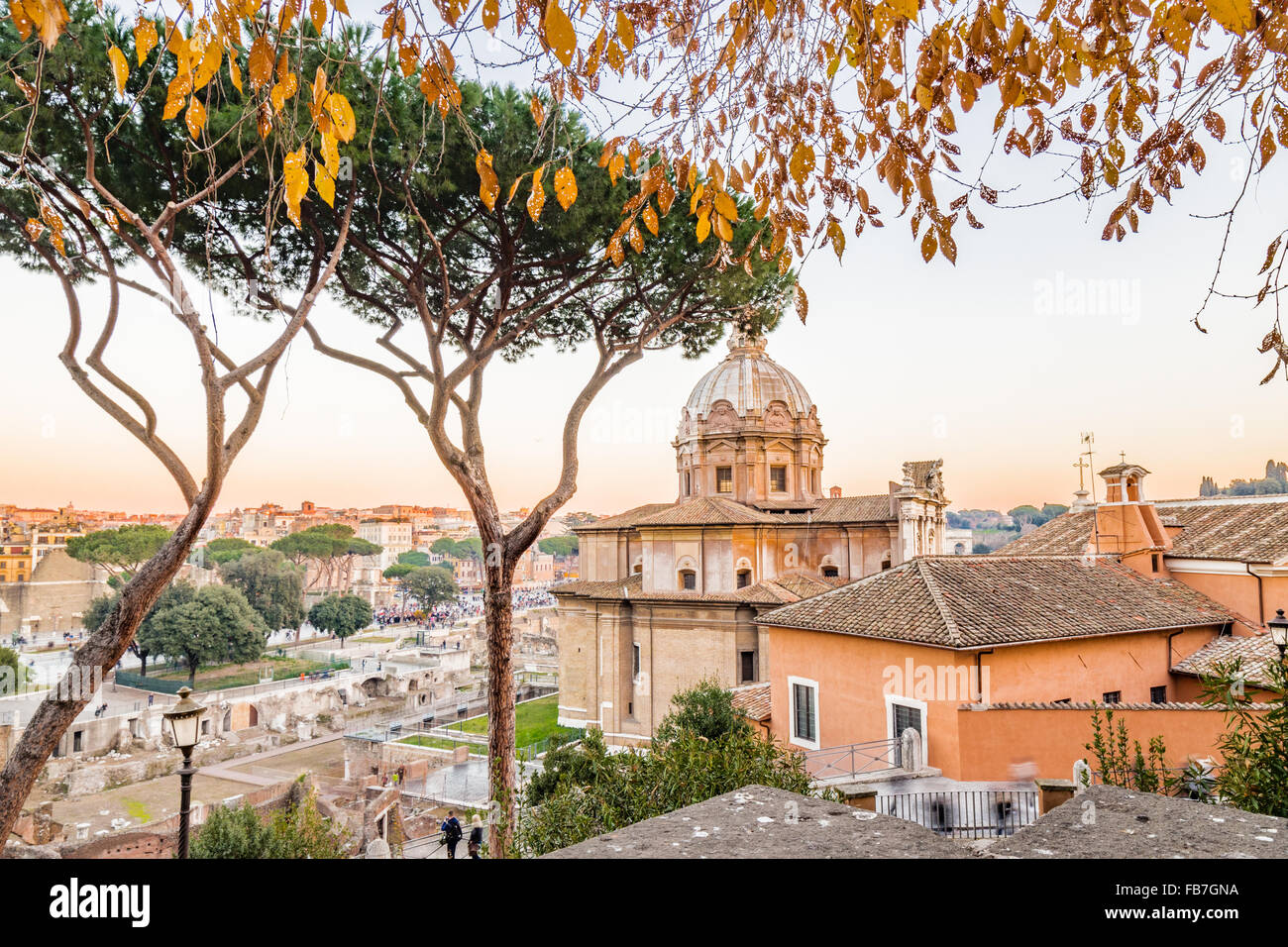 View overlooking the rooftops of Rome, ancient monuments, historic ...