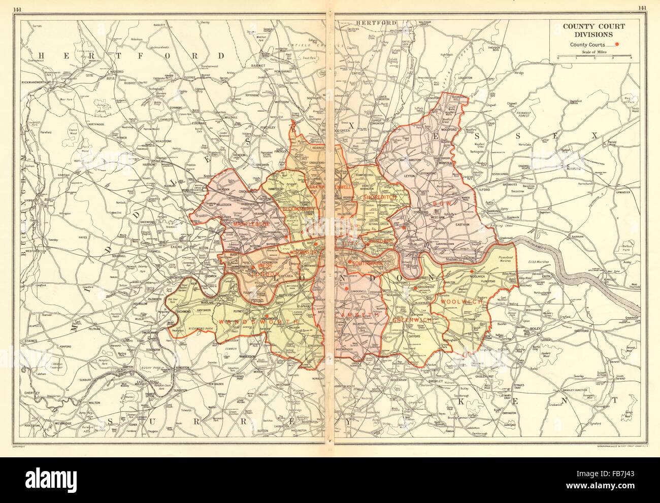 LONDON: County Court Divisions, 1923 vintage map Stock Photo - Alamy