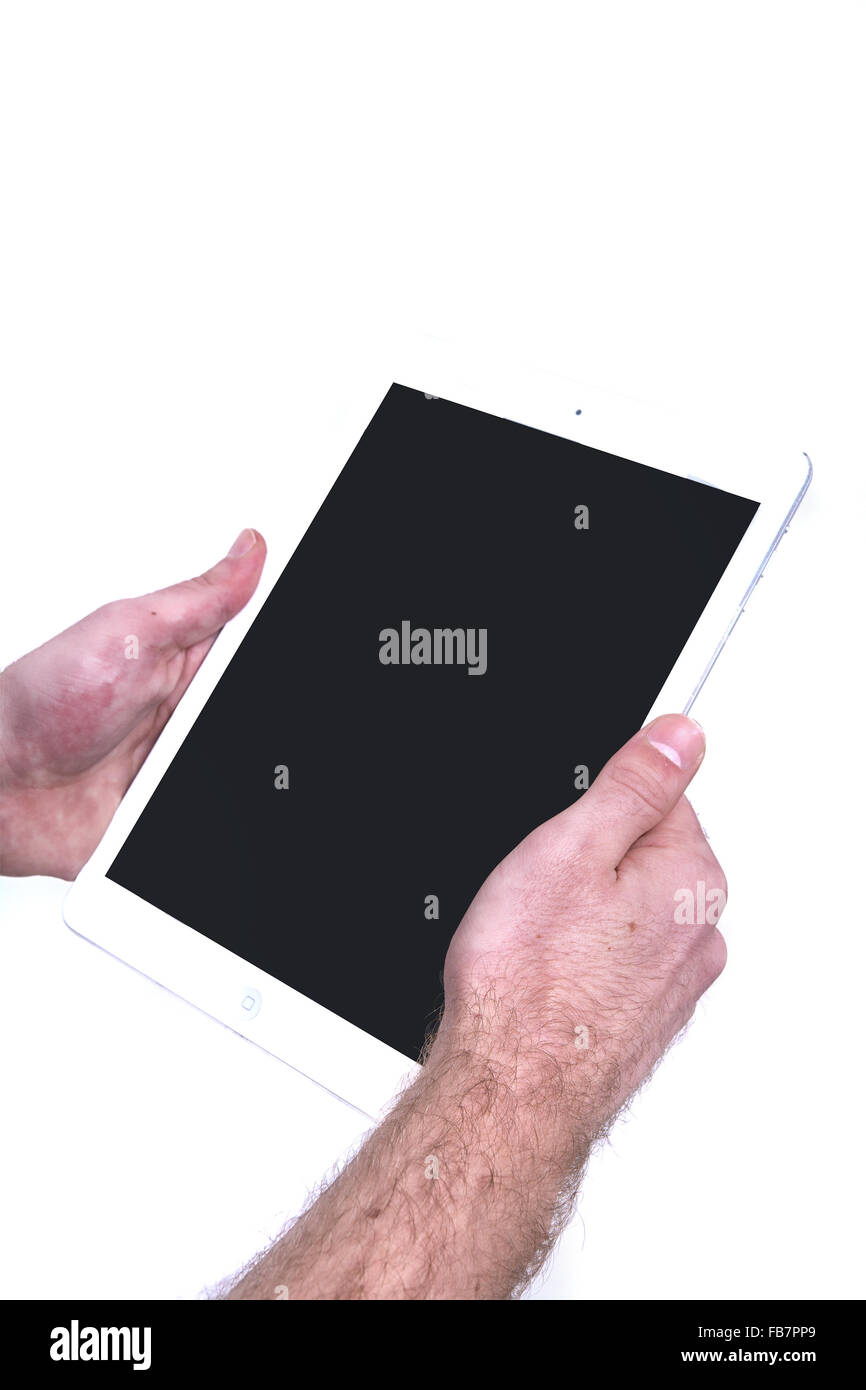 Tablet in mens hands isolated on a white background Stock Photo - Alamy