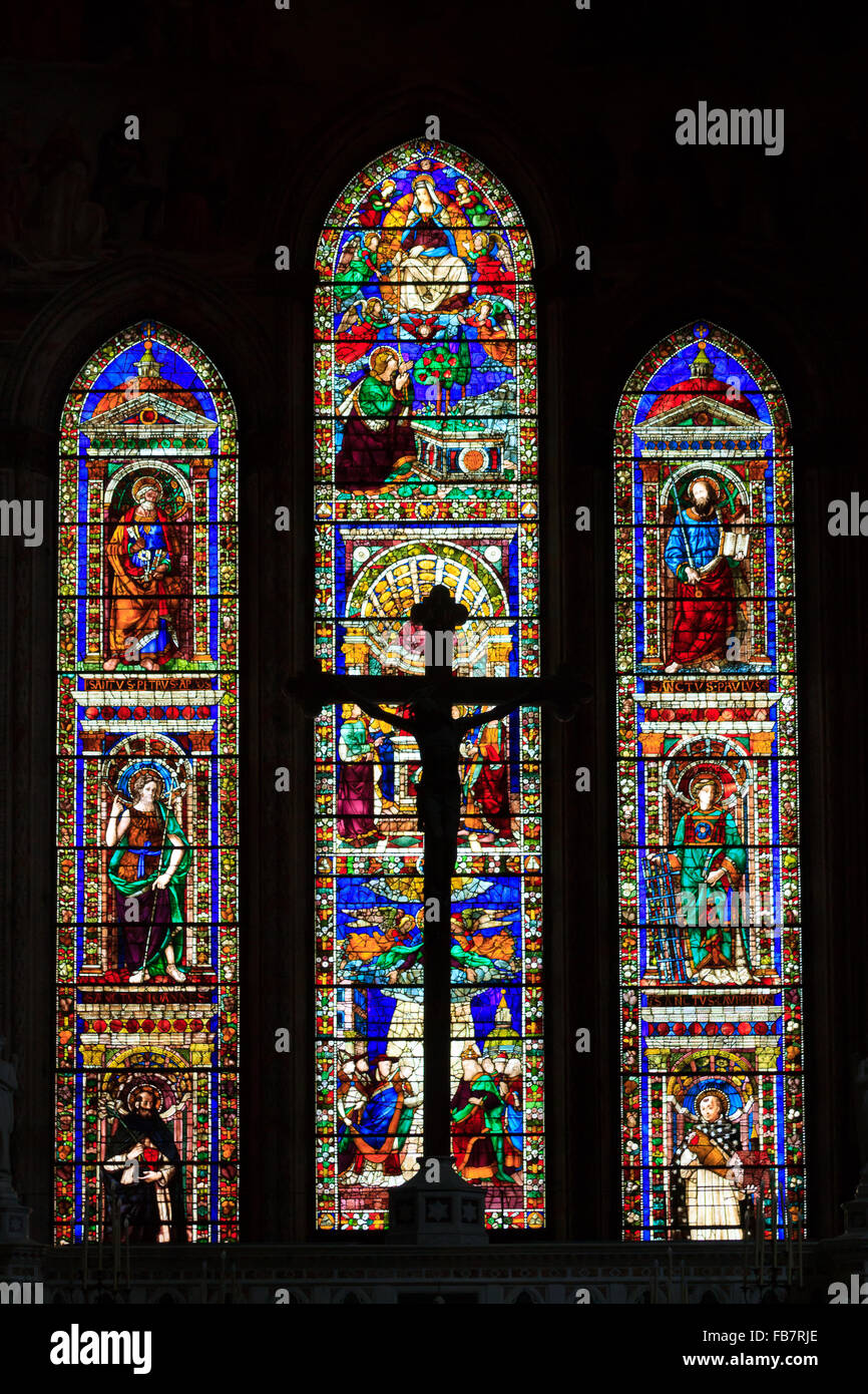 View of colored windows inside a church, Florence, Italy Stock Photo ...