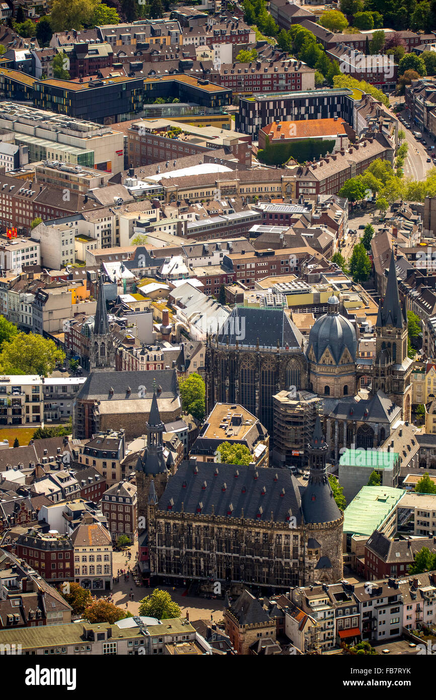 Aerial view, Aachen Cathedral and Aachen City Hall, overlooking the ...