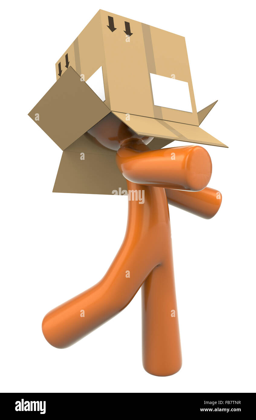 A 3d orange man with a box on his head, walking, looking confused Stock ...