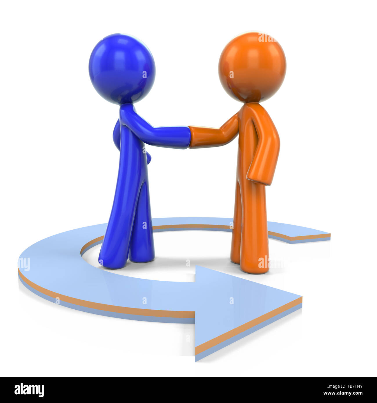 An orange and blue men shaking hand with an arrow circling them ...