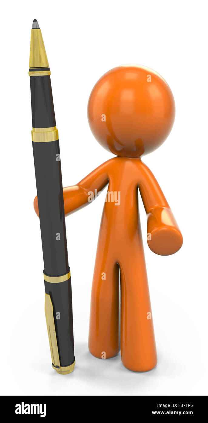 3d orange man standing upright with a pen Stock Photo - Alamy