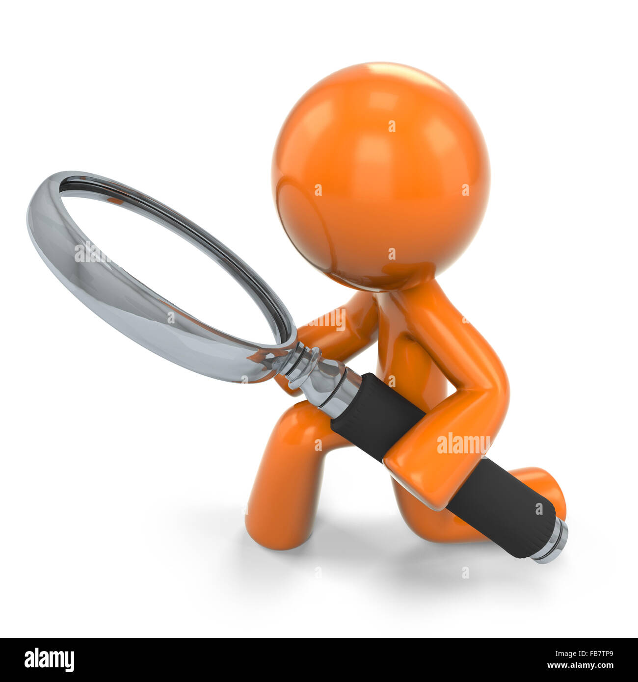 3d orange man kneeling down looking through a magnifying glass Stock ...