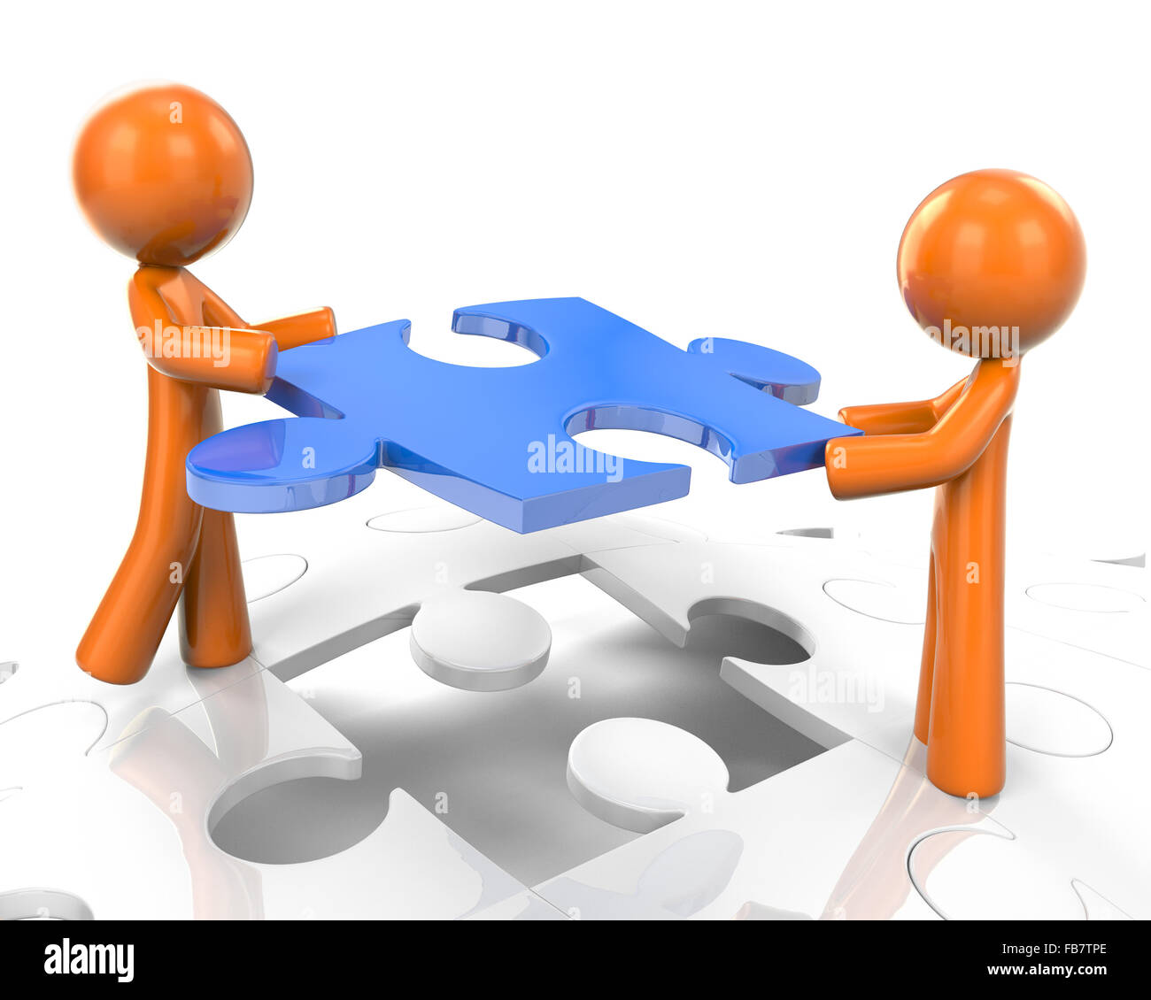 Two orange men working as a team to assemble a puzzle. Great ...