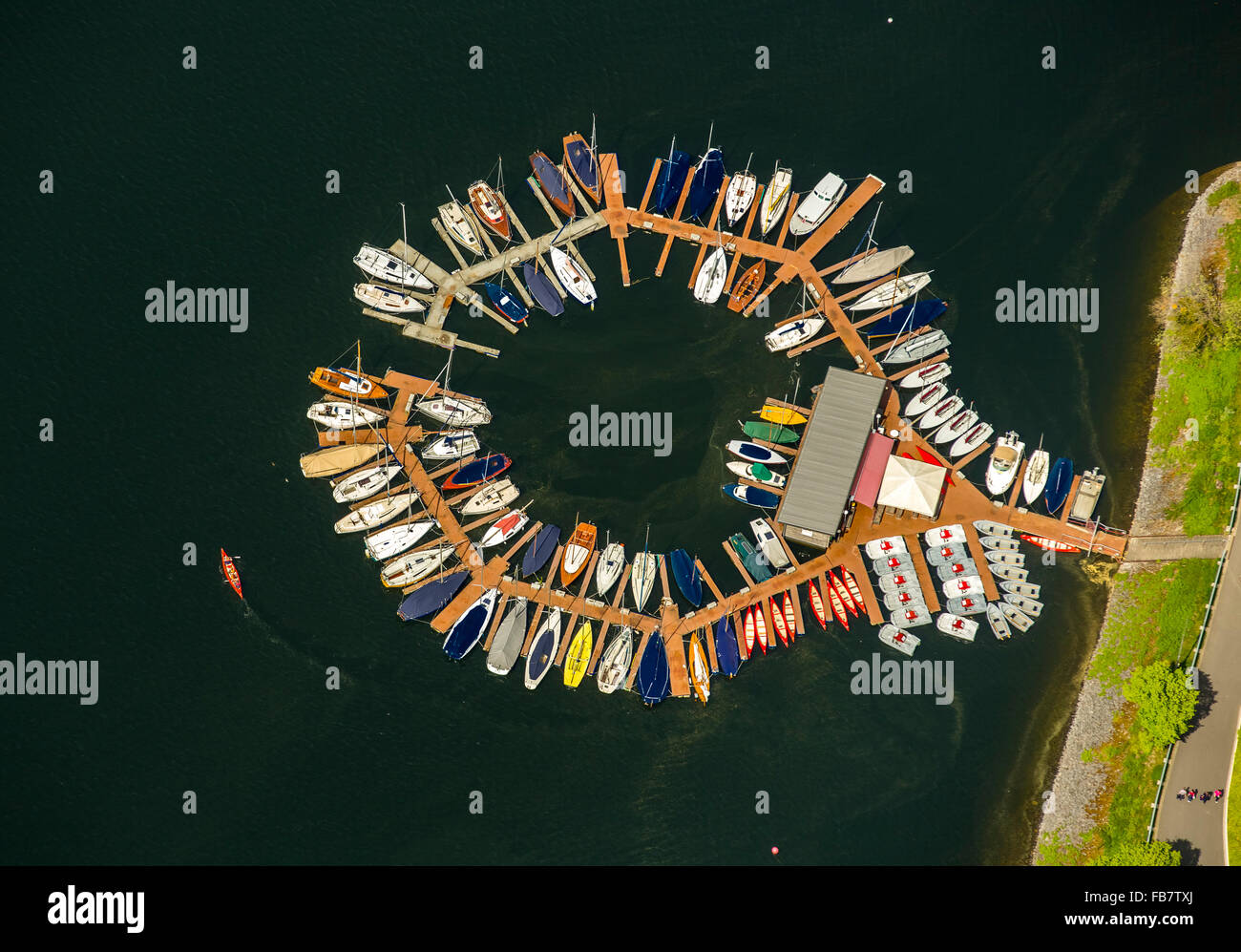 Aerial view, sailboat jetty near the dam, octagon, Rur Reservoir, Rur ...
