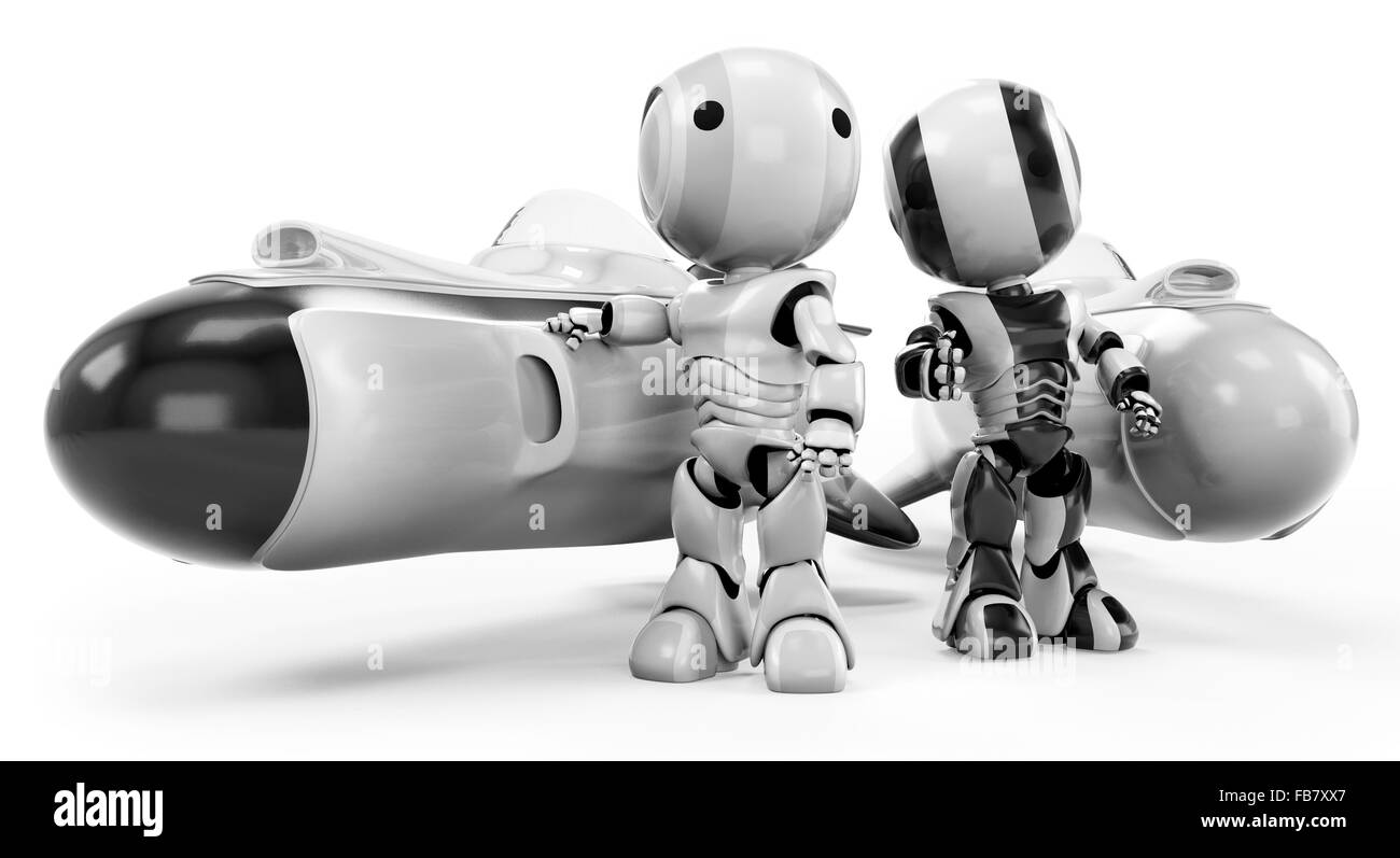 Two robots, evidently a racing team, standing behind their hover ...