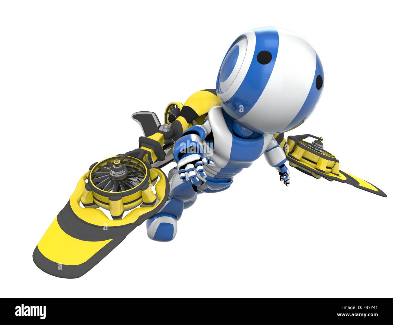 A blue robot flying in a yellow and black rocket pack, flying free ...