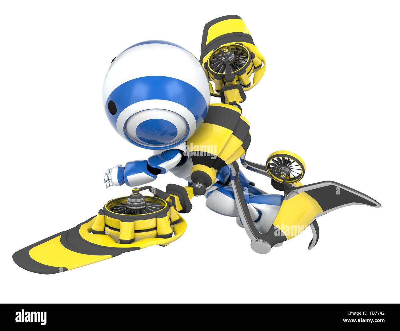 A blue robot flying in a yellow and black rocket pack, flying free ...