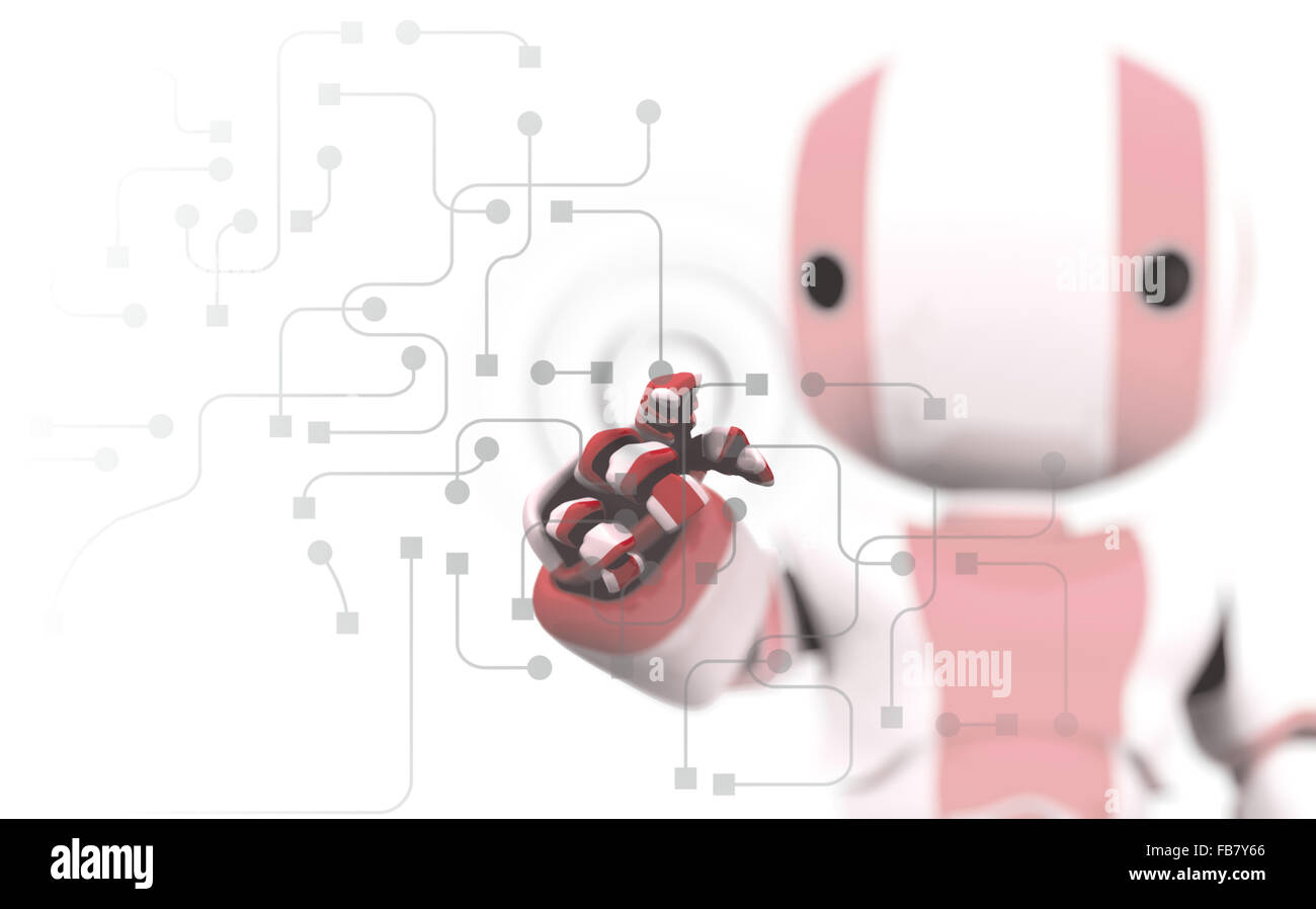 A red and white robot pointing his finger against a transparent window ...