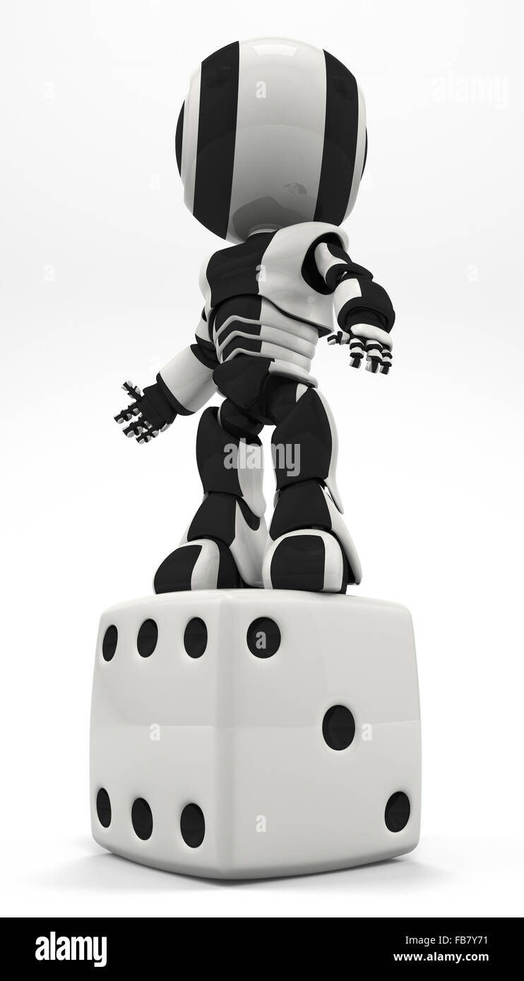 A robot standing victorious on dice. Could show his triumph over chance ...