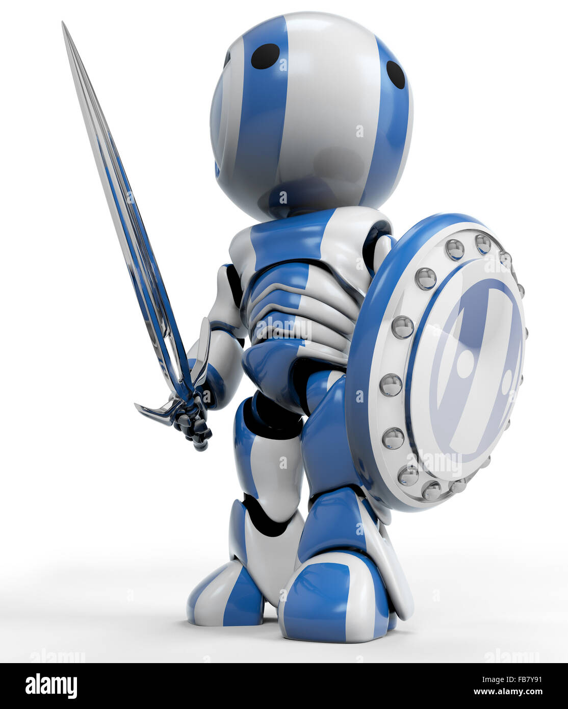 A blue robot holding a sword and shield. A symbol of technological ...