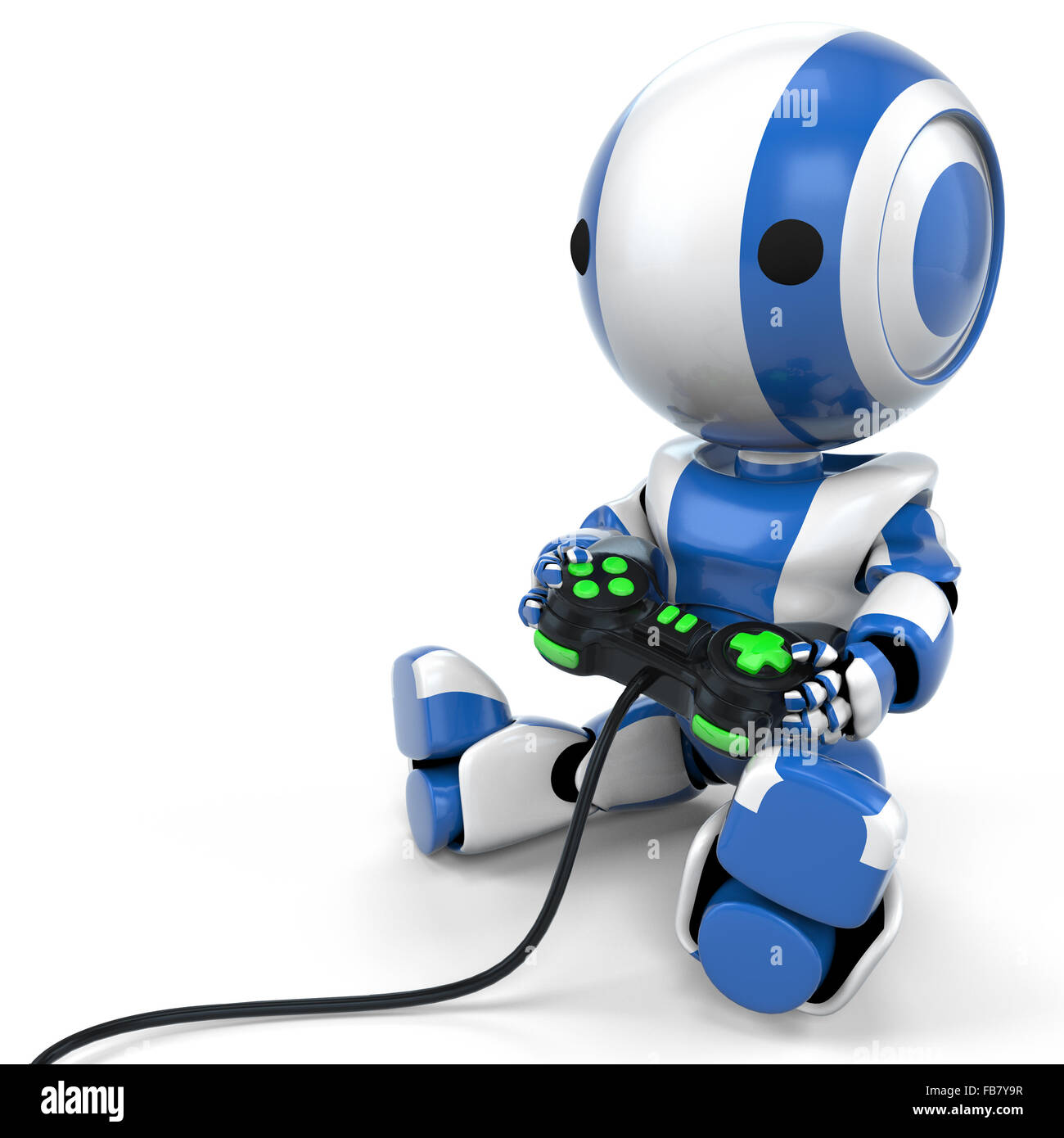 A blue robot holding a video game controller with bright green buttons ...