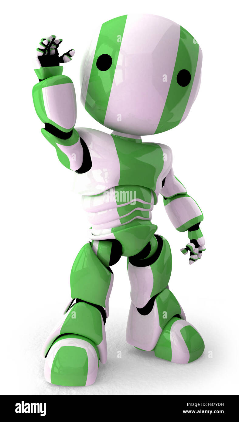 A robot standing up straight and waving at the viewer in a friendly ...