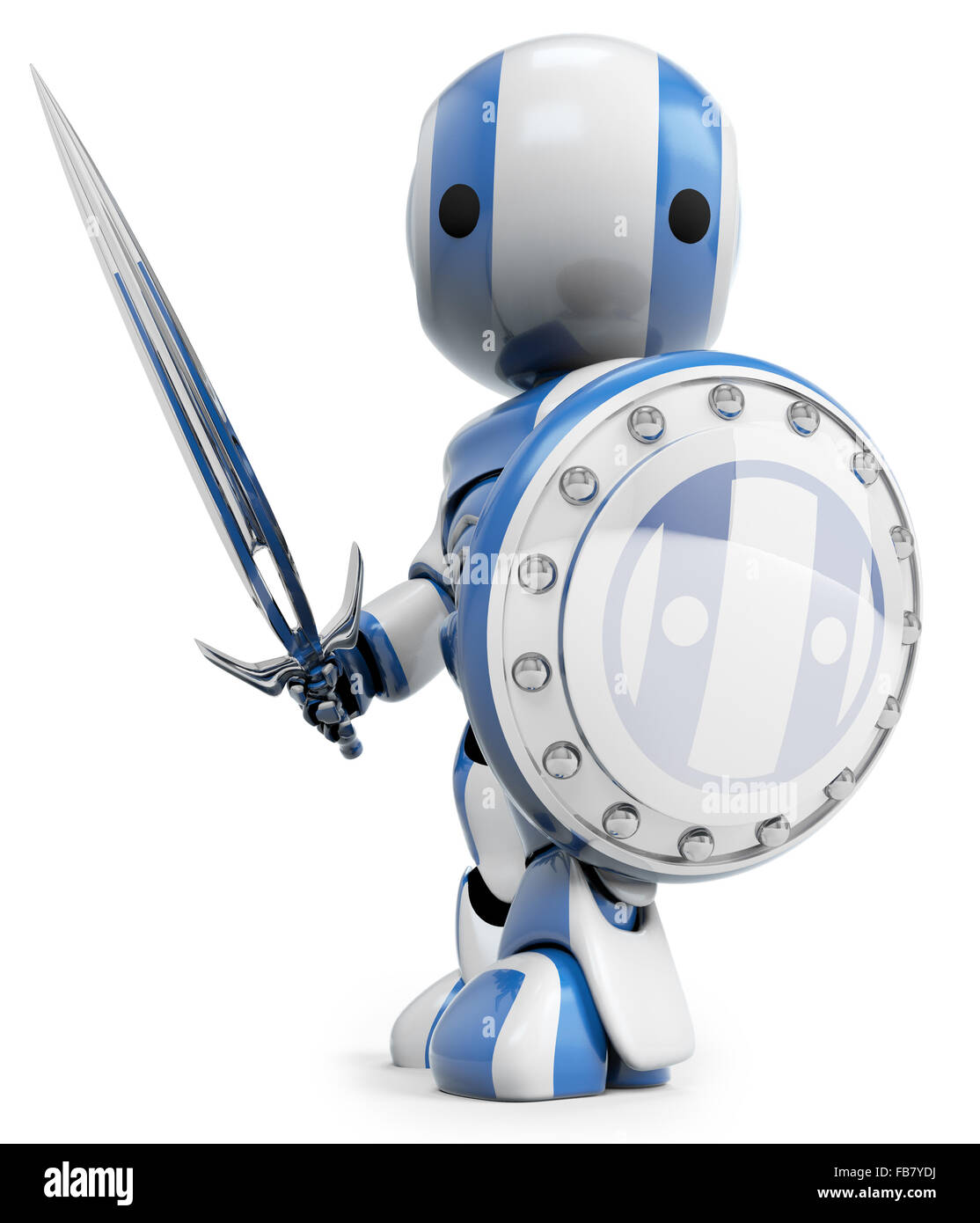 A blue robot holding a sword and shield. A symbol of technological ...