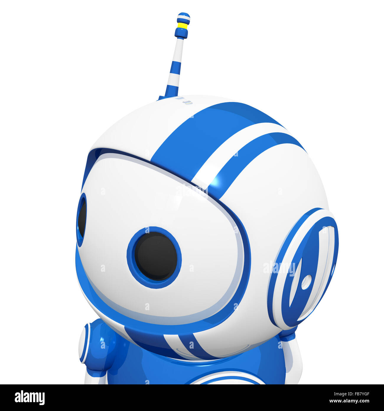 3d cute blue robot with antennae looking left and observing in the ...