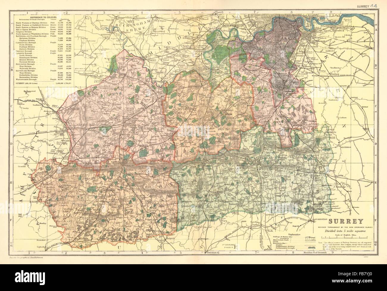 SURREY: County map. Parliamentary constituencies divisions. Railways ...