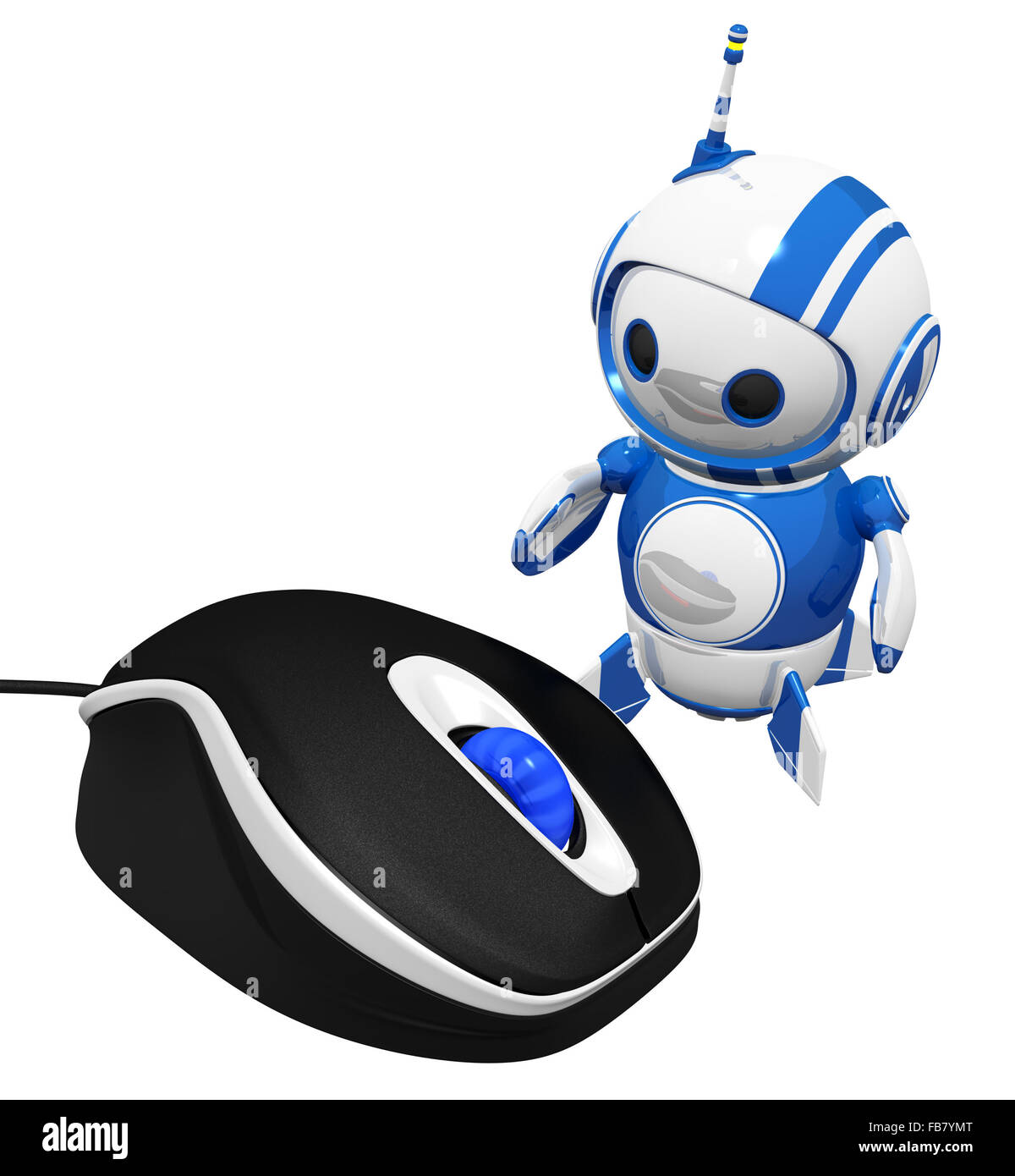 3d cute blue robot standing beside a computer mouse, ready to design ...