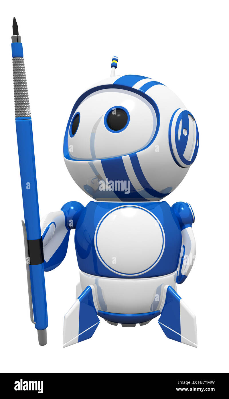 3d cute blue robot holding a large drafting pencil. He is going to get ...