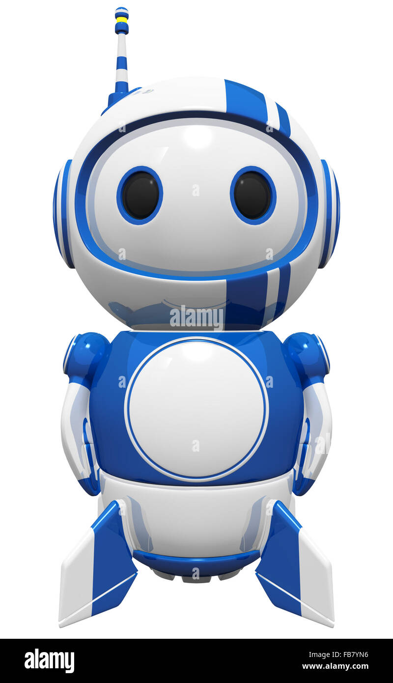 3d cute blue robot wit rockets and fins ready to fly, standing tall and ...