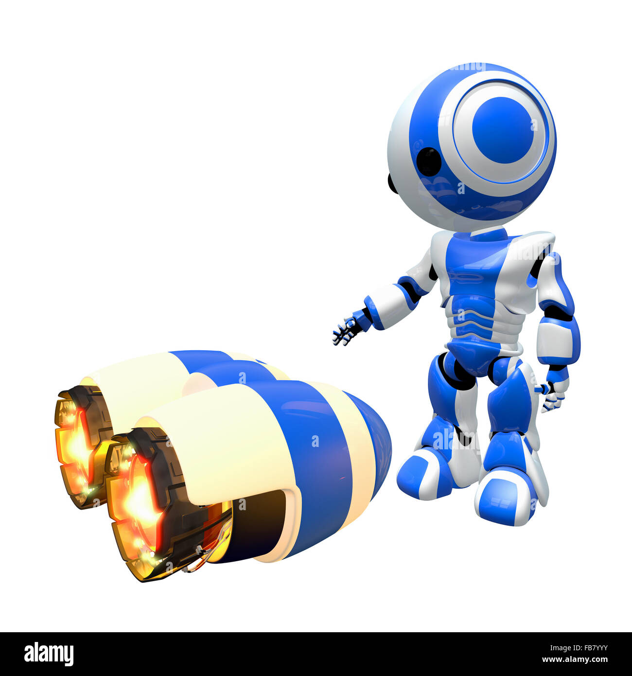 Blue robot inspecting rocket engines for possible use Stock Photo - Alamy