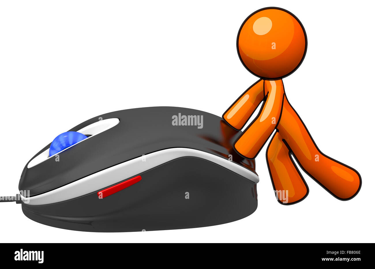 3d orange man pushing oversized mouse, computer and general ...