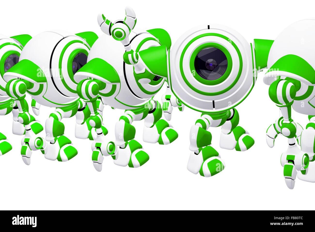 A small robot standing in line, waving hi, and standing out from his ...