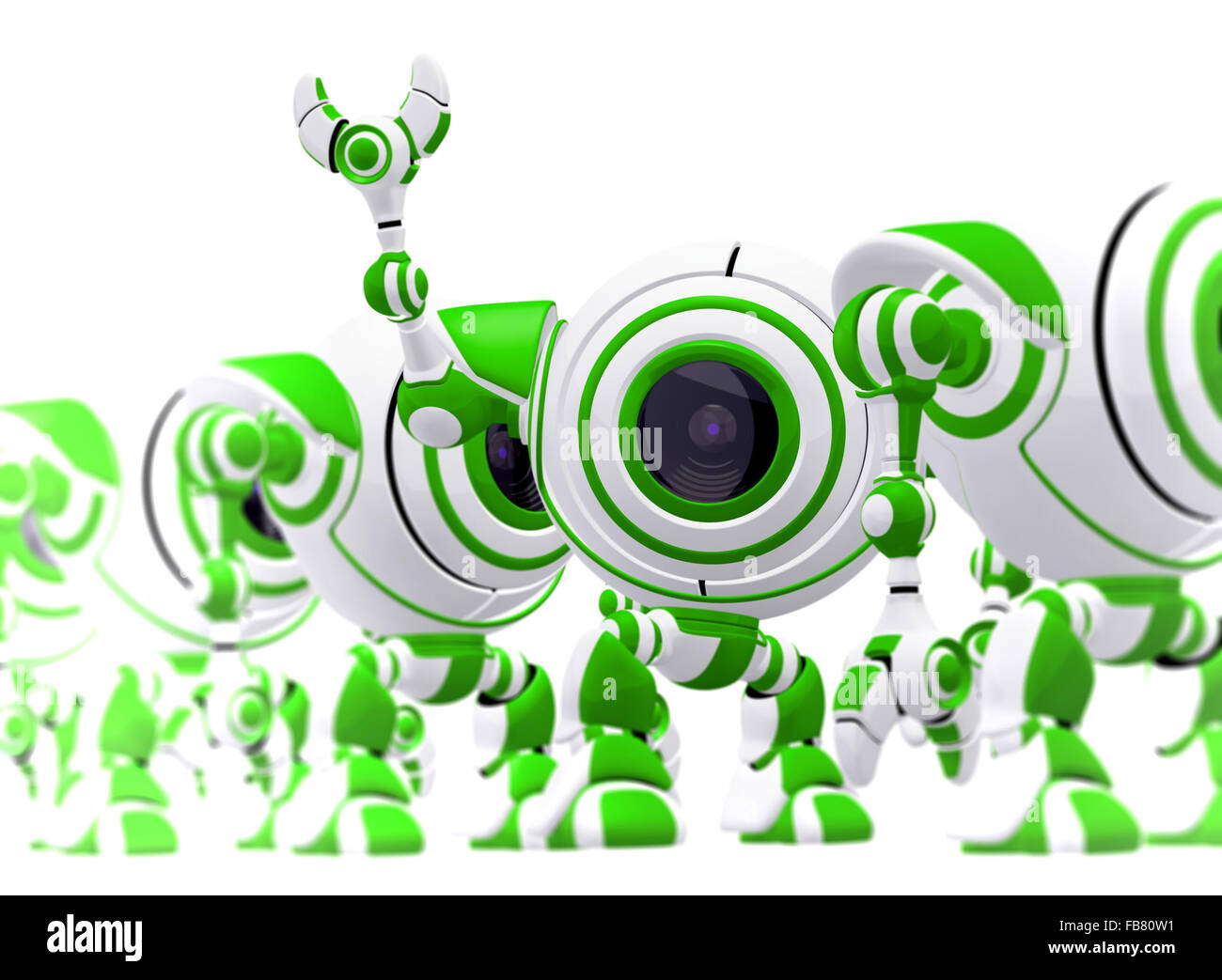 A small robot standing in line, waving hi, and standing out from his ...