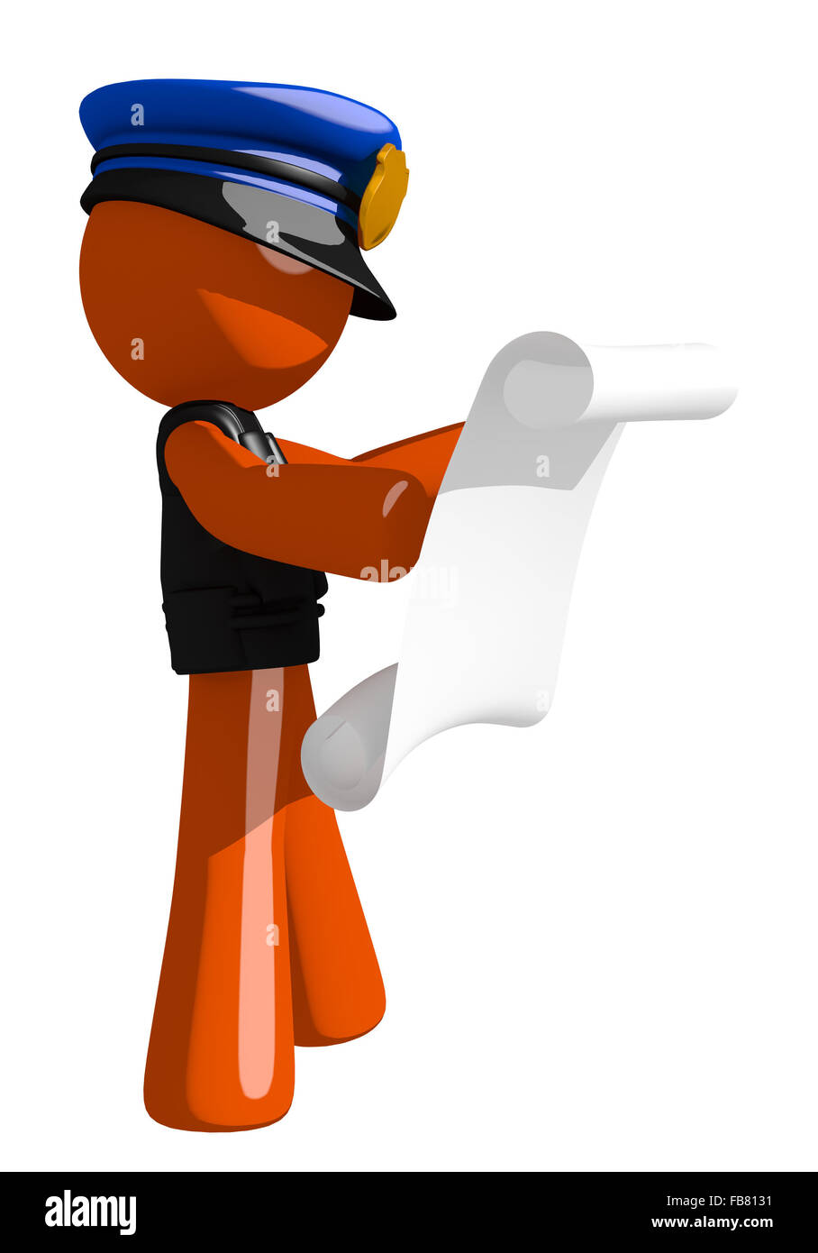 Orange man police officer reading schematic front Stock Photo - Alamy