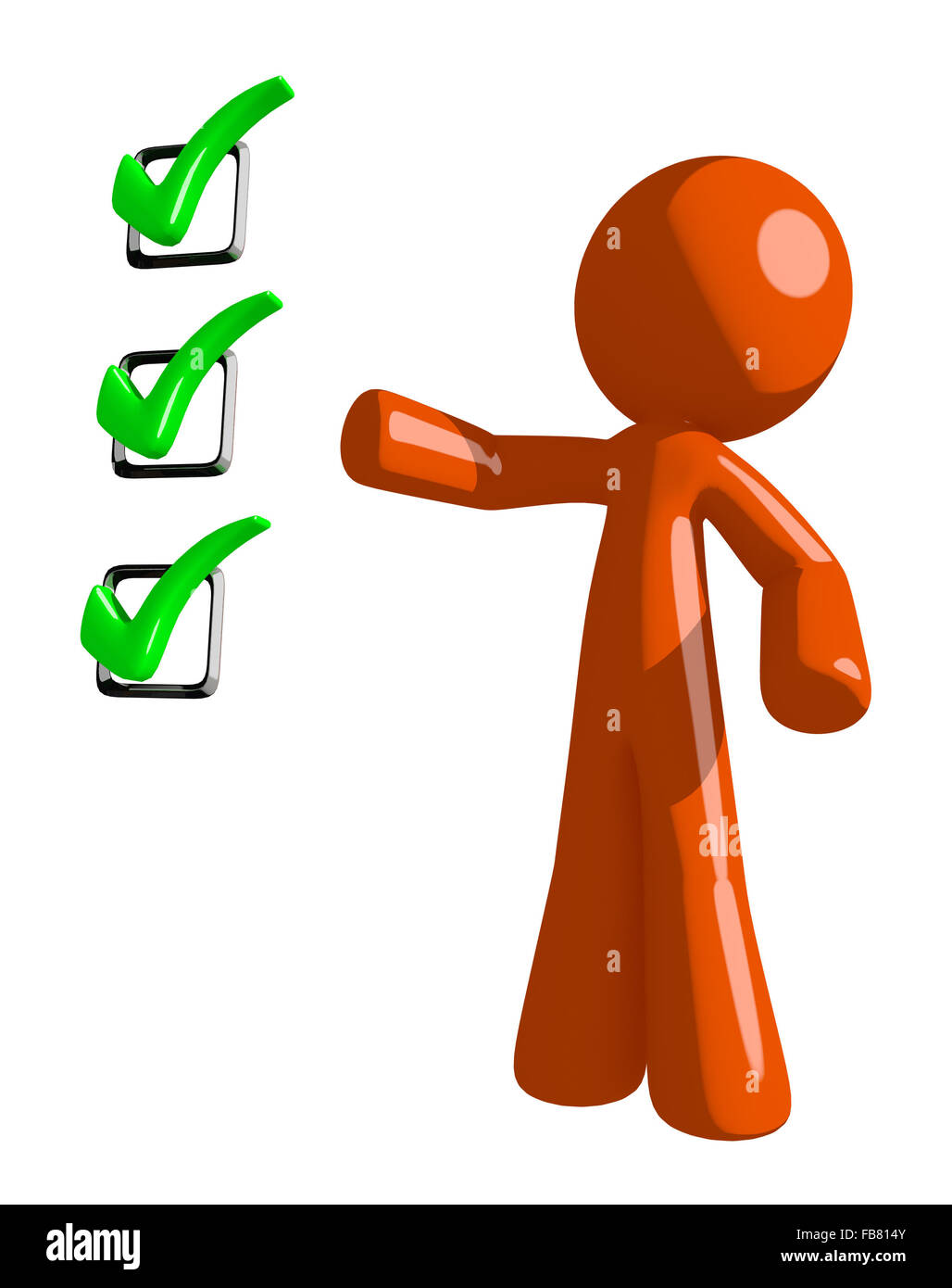 Orange man pointing green checkmark list Stock Photo - Alamy