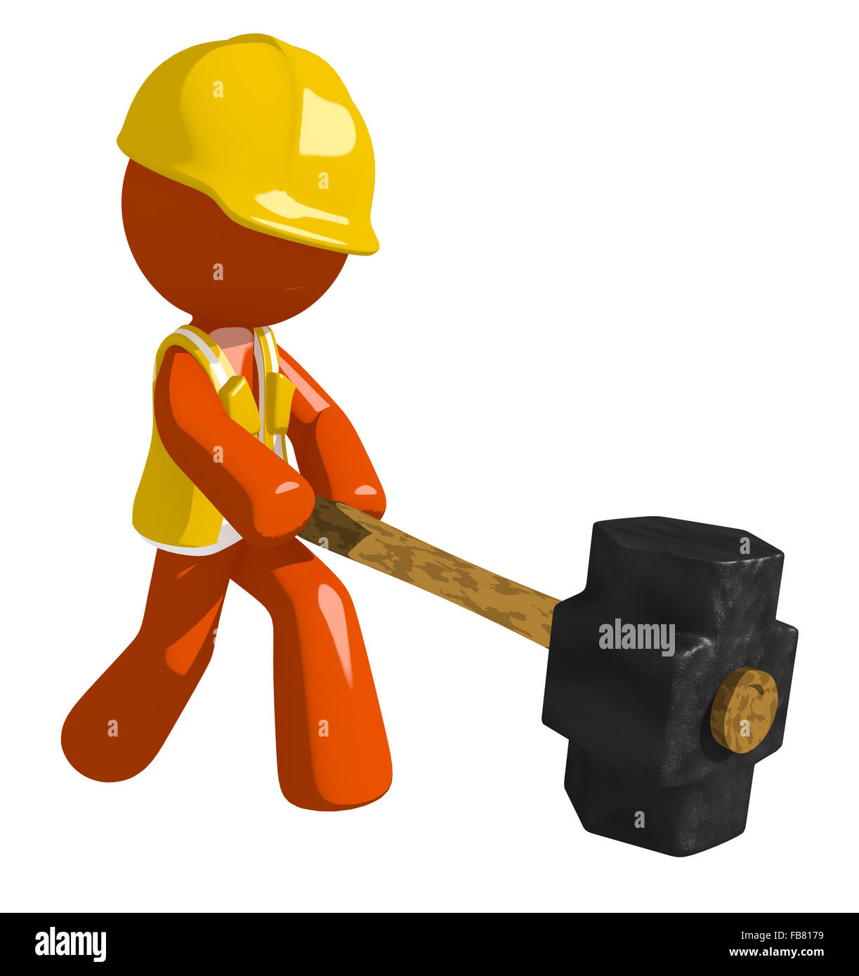 Orange man construction worker hitting with sledge hammer Stock Photo ...