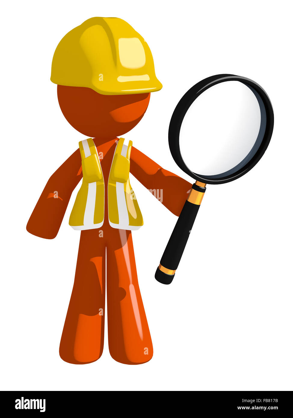 Orange man construction worker holding magnifying glass Stock Photo - Alamy