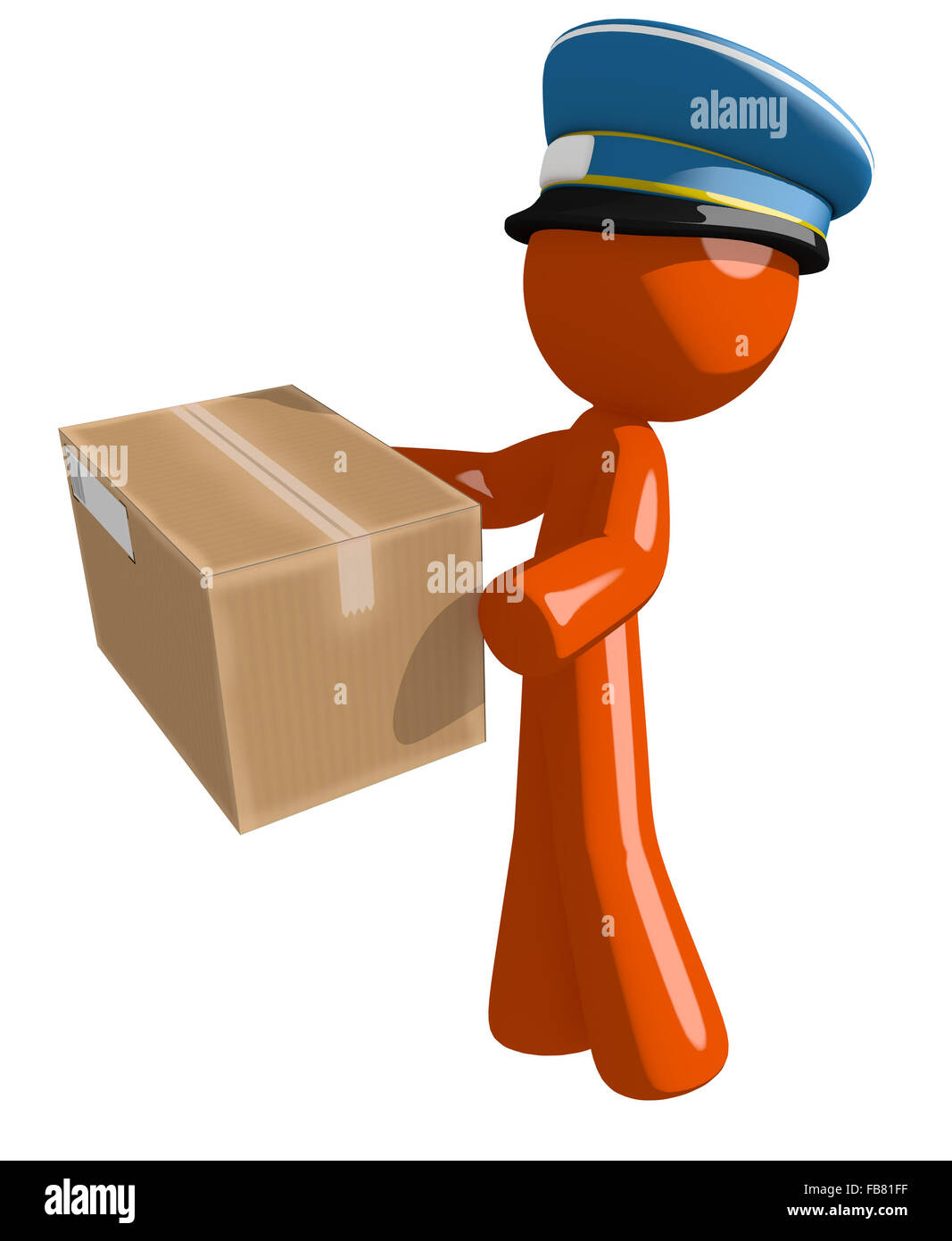 Orange man postal mail worker delivering a package Stock Photo - Alamy
