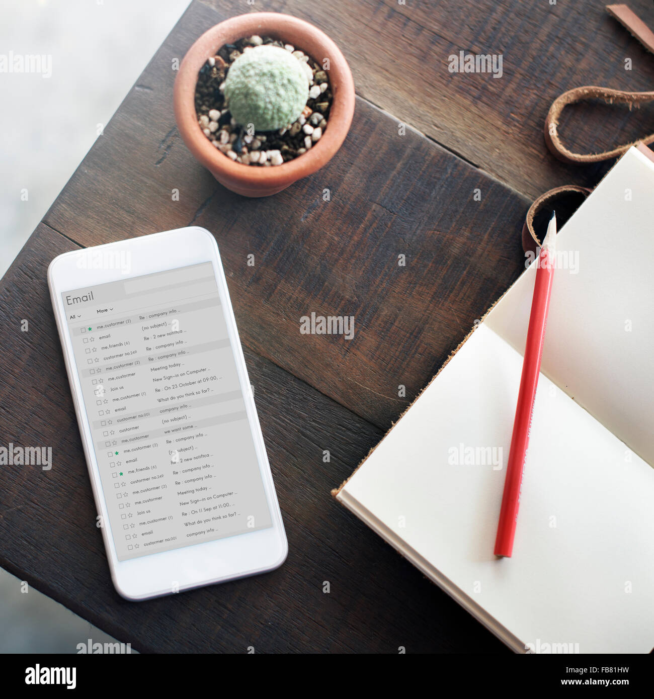 Topview Notebook Mobile Phone Email Table Concept Stock Photo - Alamy