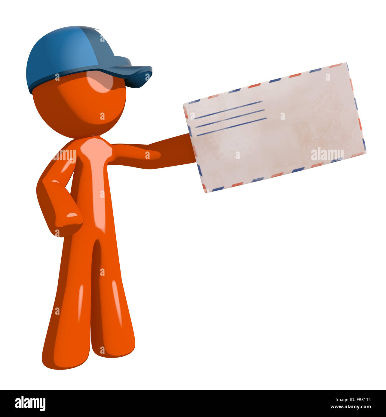 Orange man postal mail worker presenting envelope Stock Photo - Alamy