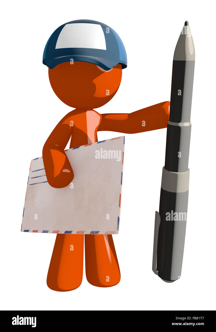 Orange man postal mail worker with pen and envelope Stock Photo - Alamy